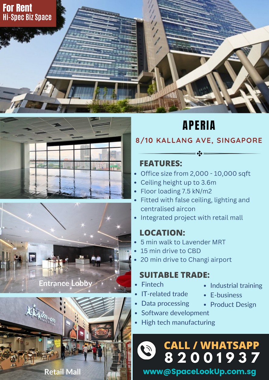 5 min Lavender MRT | Aperia Office For Rent 1700 sqft Up